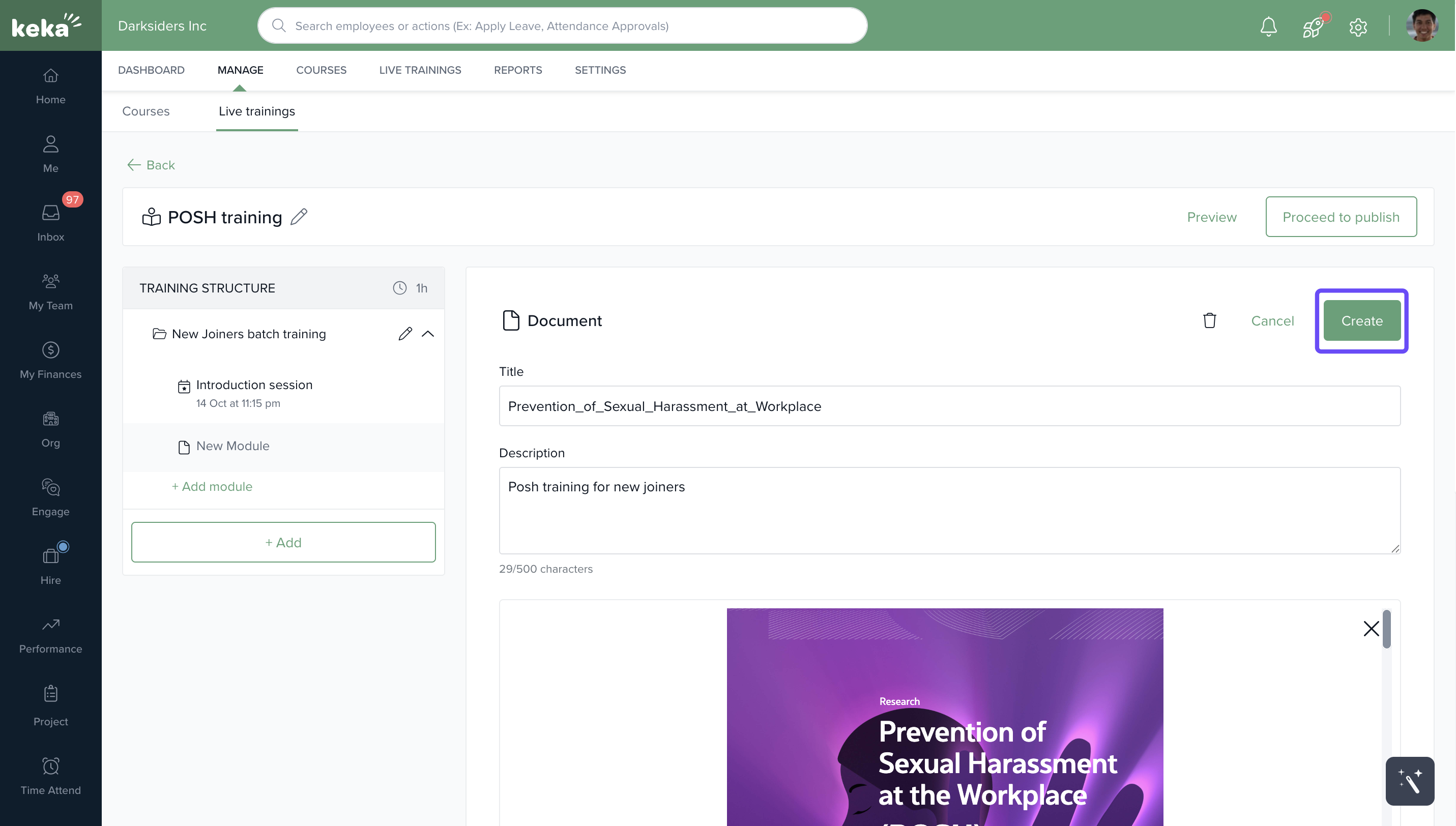 Creating Live Trainings in keka Learn – Home Page